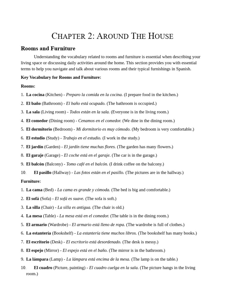 Spanish Vocabulary: Rooms & Furniture | PDF | Grammar | Interior Design