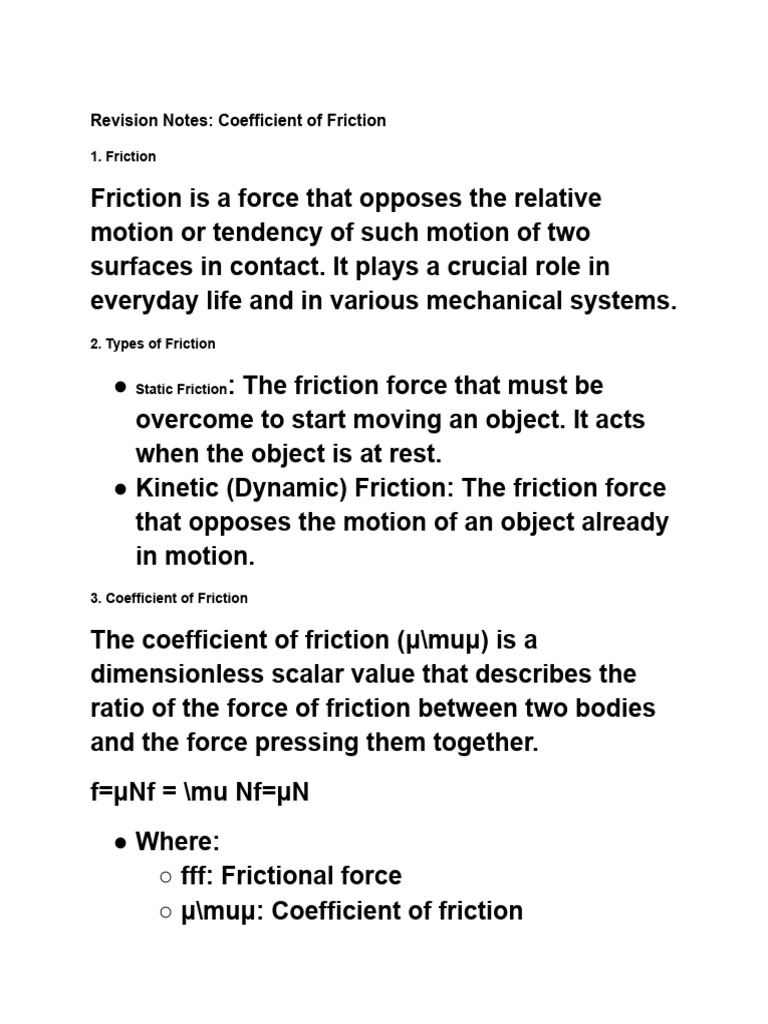 Revision Notes_ Coefficient of Friction | Download Free PDF | Friction ...