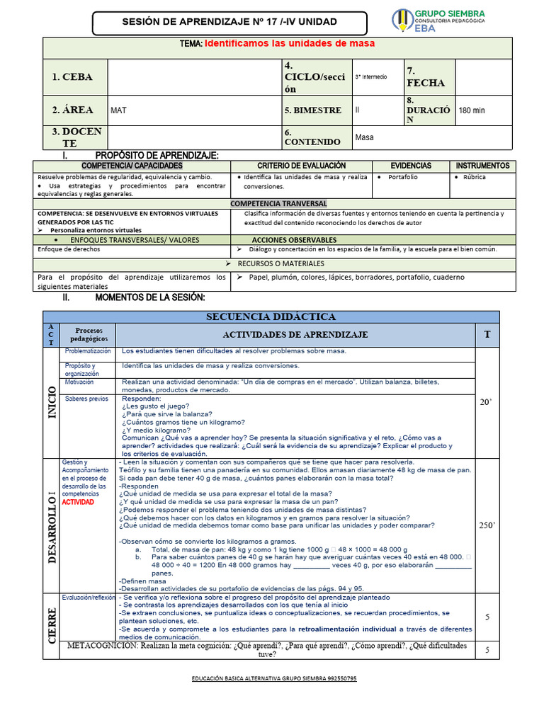 UD-IV S17-MAT 3° Interm Identificamos Las Unidades de Masa | PDF | Panes | Kilogramo