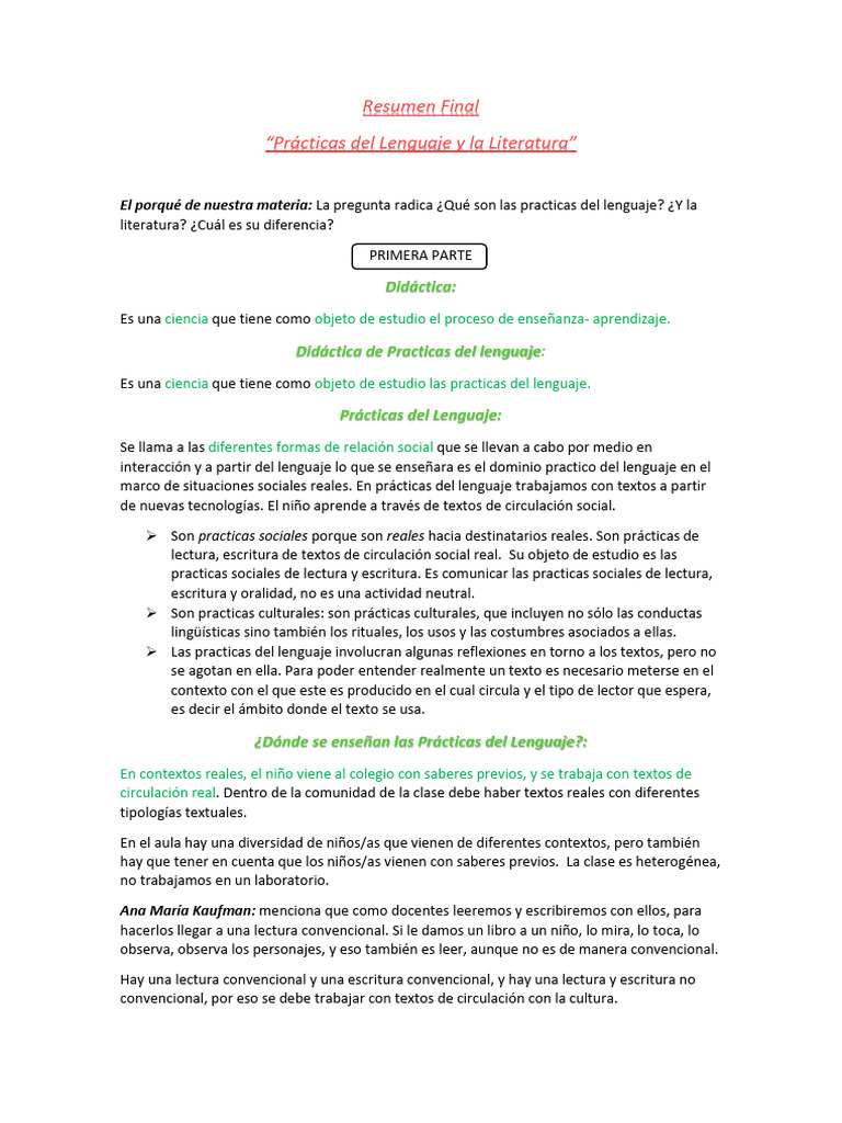 Resumen Final - Practicas Del Lenguaje | PDF | Escritura | Literatura