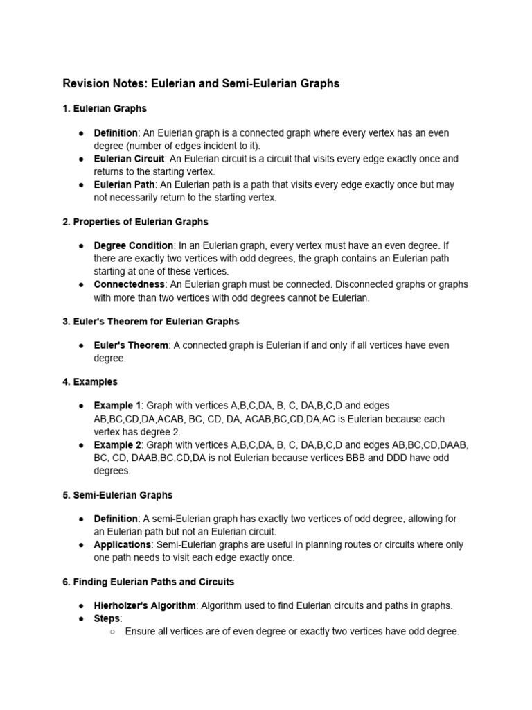 Revision Notes Eulerian And Semi Eulerian Graphs Pdf Vertex Graph Theory Computational 