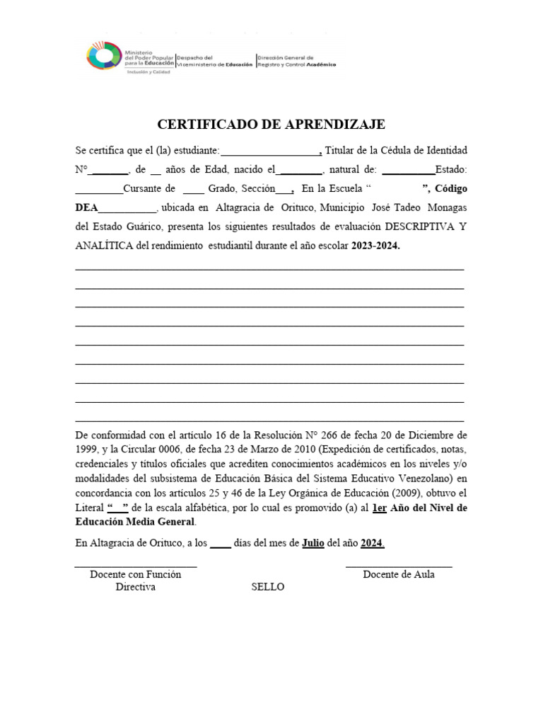 Certificado de Aprendizaje 2023-2024 | PDF