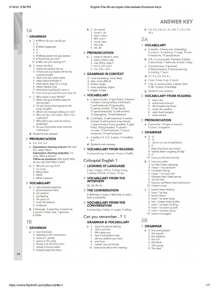 English File 4th Ed Upper Intermediate Workbook Keys | PDF