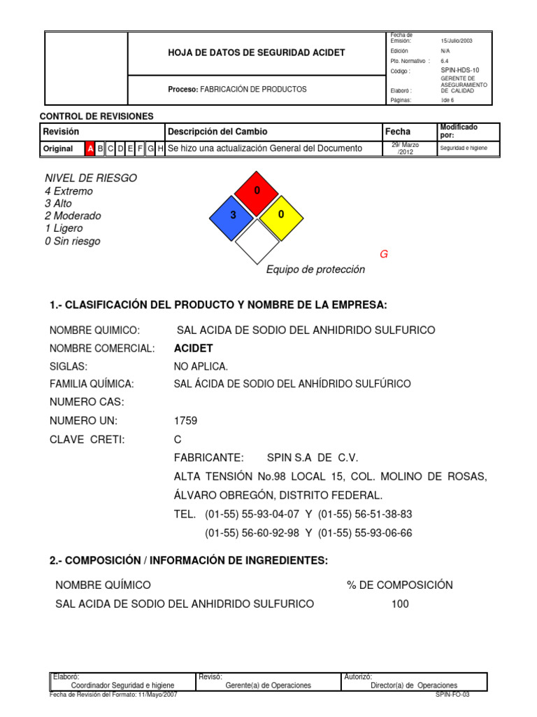 HOJA DE SEGURIDAD ACIDET | Descargar gratis PDF | Agua | Incendios