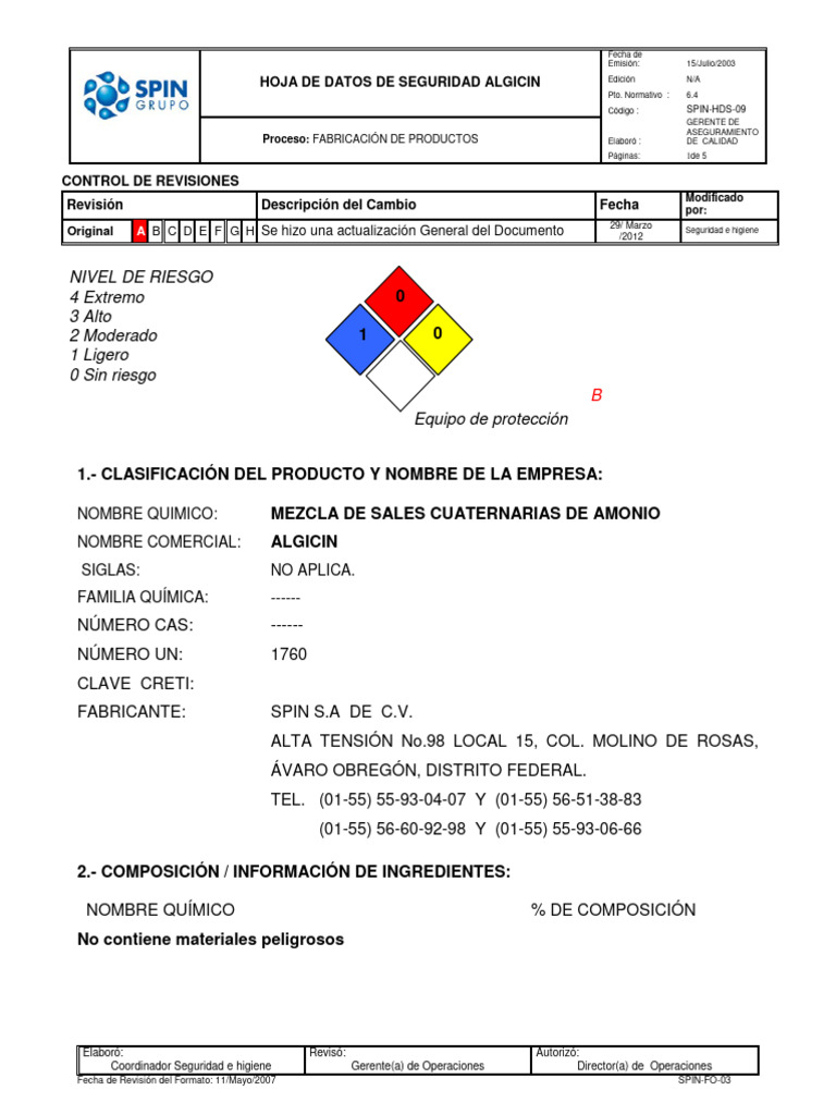 Hoja de Seguridad Algicin | Descargar gratis PDF | Agua | Cloruro