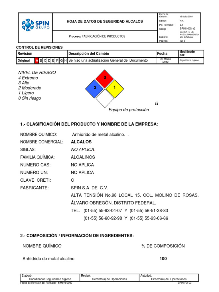 HOJA DE SEGURIDAD ALCALOS | PDF | Agua | Quemar