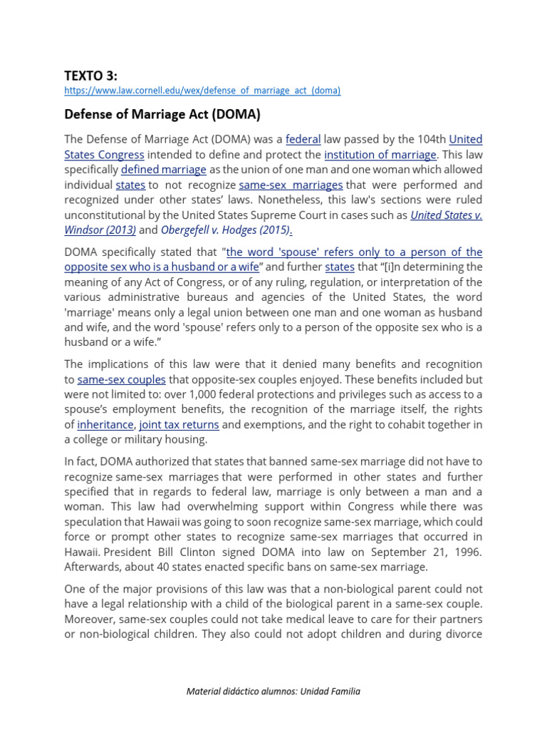 Unidad 8_FAMILIA ALUMNOS DOMA TEXTOS 3 y 4 | Download Free PDF | Defense Of Marriage Act | Same ...