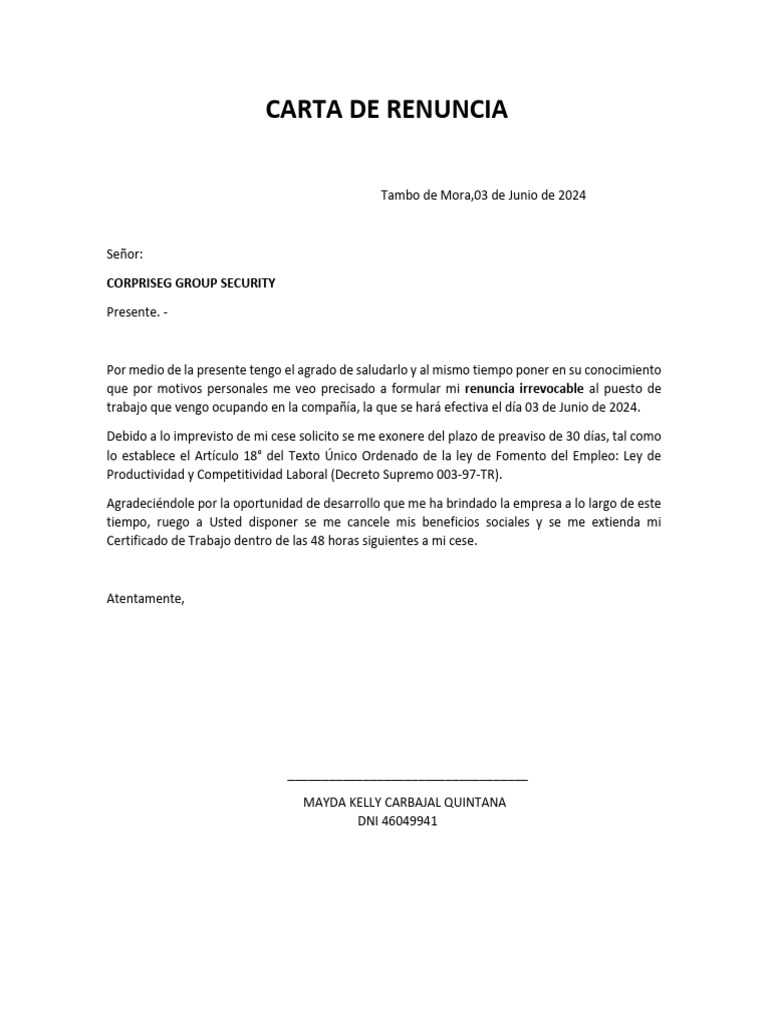 Carta de Renuncia Mayda | PDF