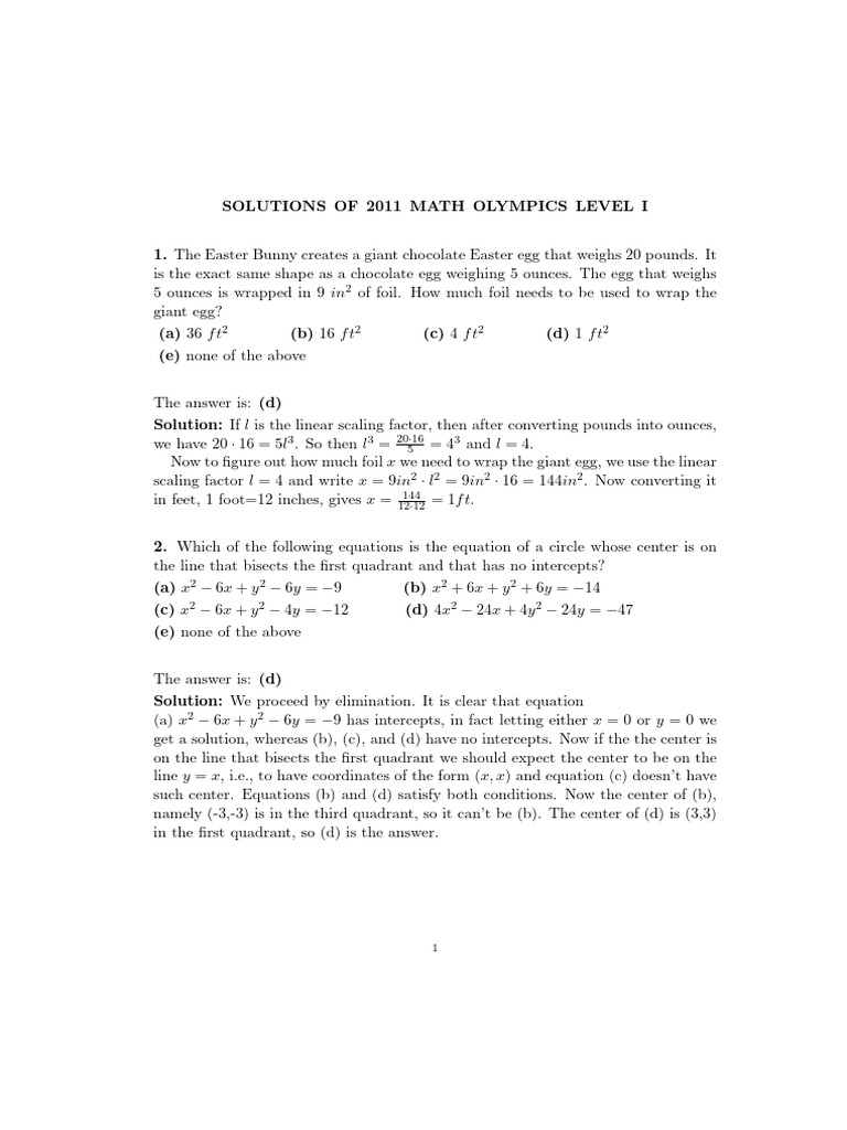 2011 M Olymp Level 1 Sol | PDF | Area | Equations