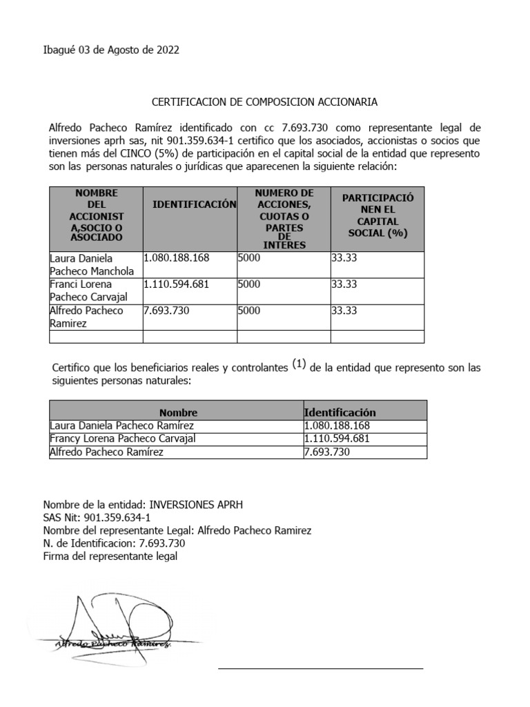 certificacion de participacion accionaria | PDF certificacion de participacion accionaria | PDF