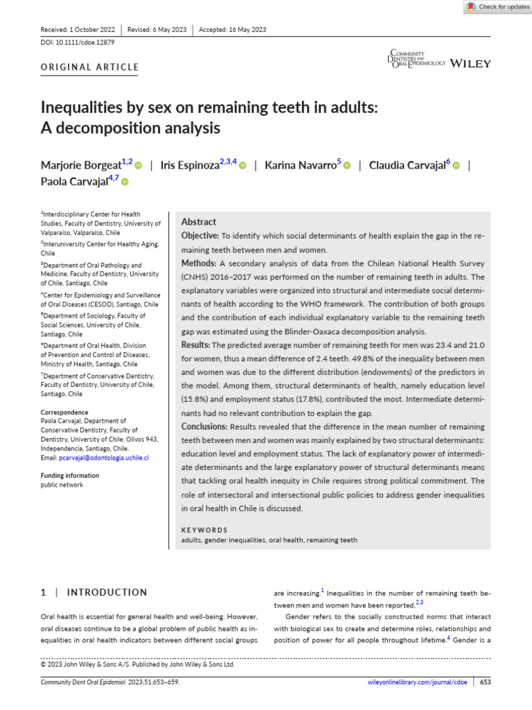 Inequalities By Sex On Remaining Teeth In Adults A Decomposition