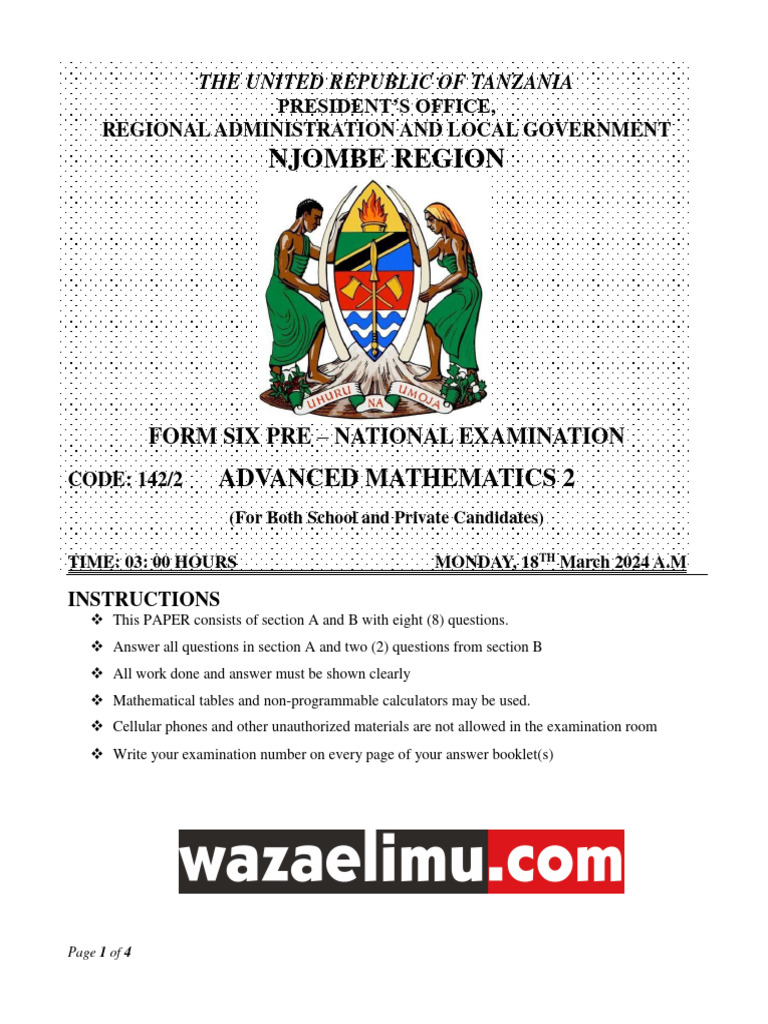 Form Six Advanced Mathematics Exam 2024 | PDF | Equations ...