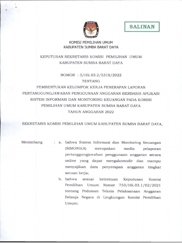3 - Salinan SK Pembentukan Pokja Lppa Berbasis Aplikasi Simonika Kpu SBD 2022 | PDF