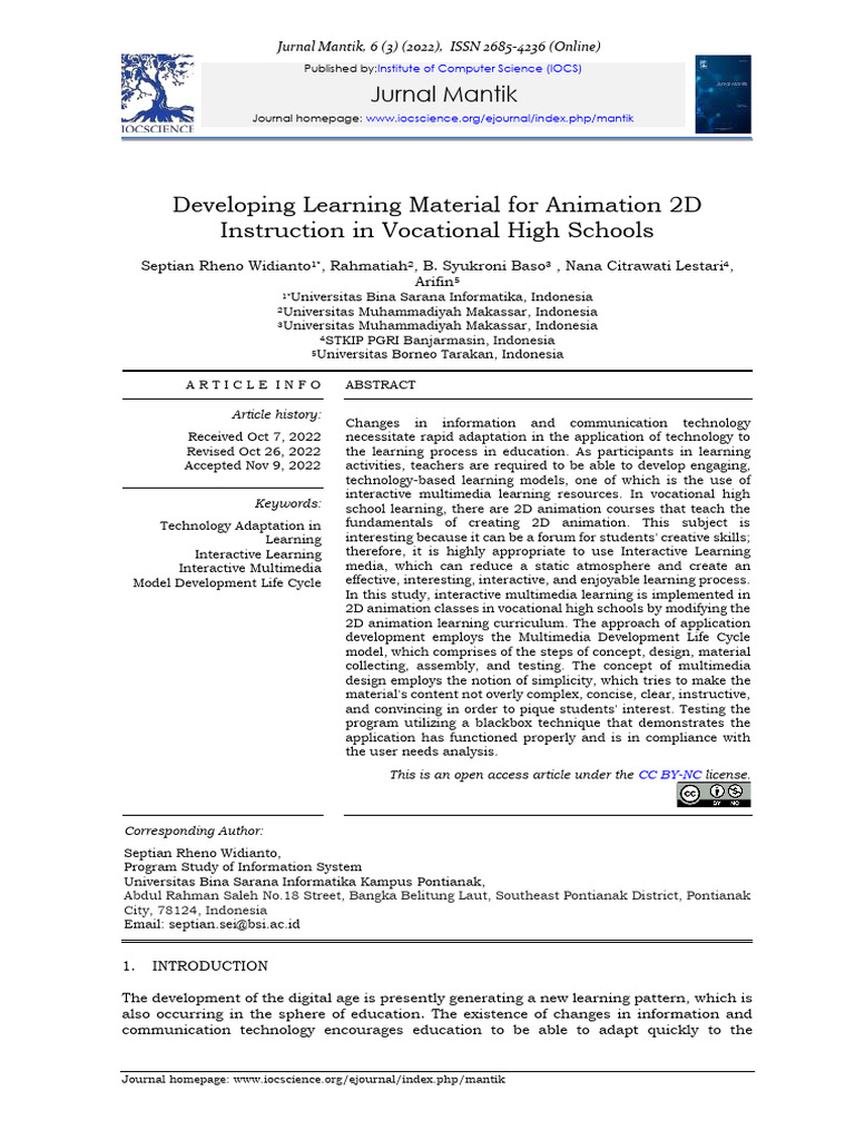 Developing Learning Material For Animation 2D Instruction in Vocational High Schools | PDF ...