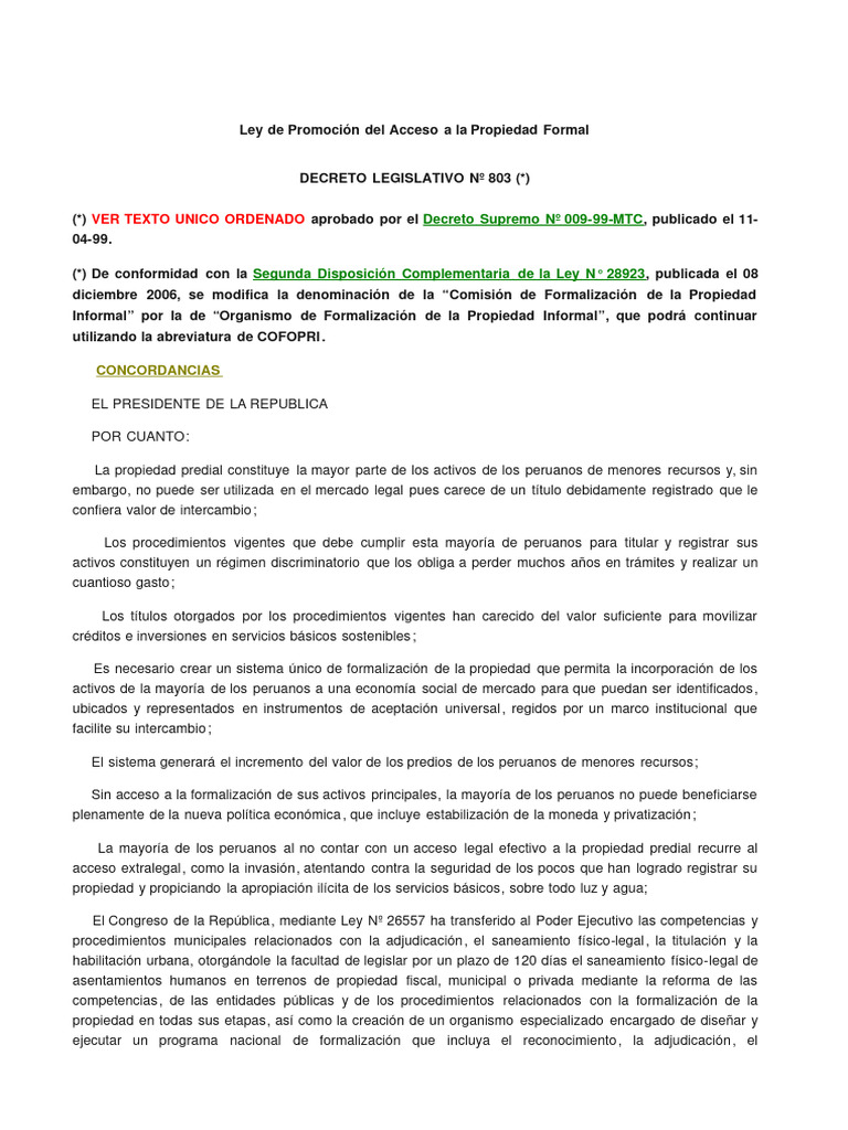Dec Leg 803 - TUO de La Ley de Promoción Del Acceso A La Propiedad Formal | PDF | Propiedad ...