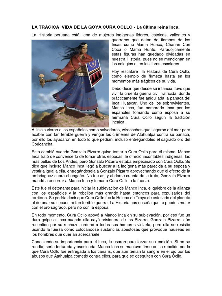 LA TRÁGICA VIDA DE LA QOYA CURA OCLLO - La última reina Inca. | PDF ...