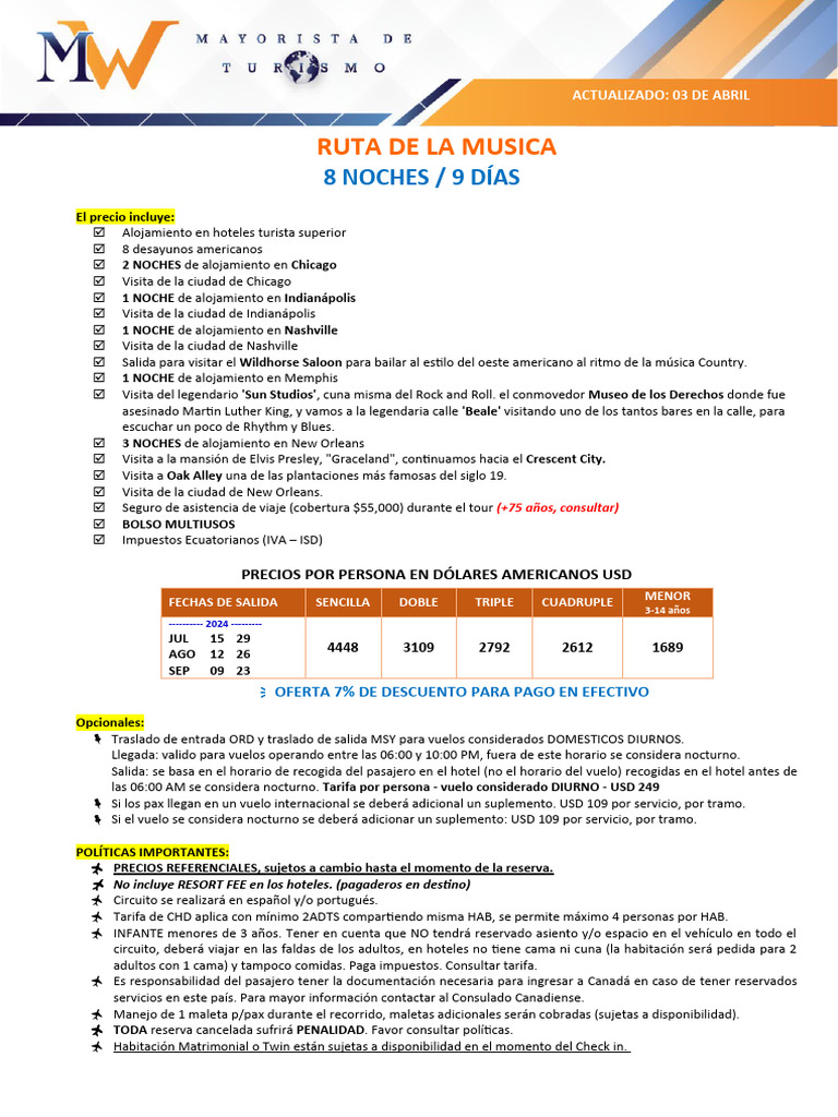 LT - RUTA DE LA MÚSICA 9 DIAS --ACT3ABR-- | PDF | Nueva Orleans | Luisiana