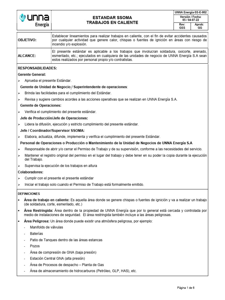 UNNA Energía-SS-E-002 Trabajos en Caliente v5 040722 | PDF | Soldadura | Construcción