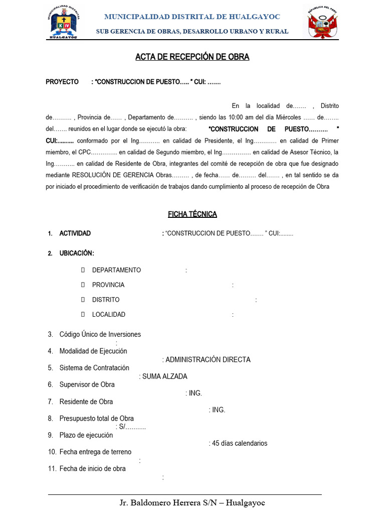 Acta de Recepcion de Obra | PDF