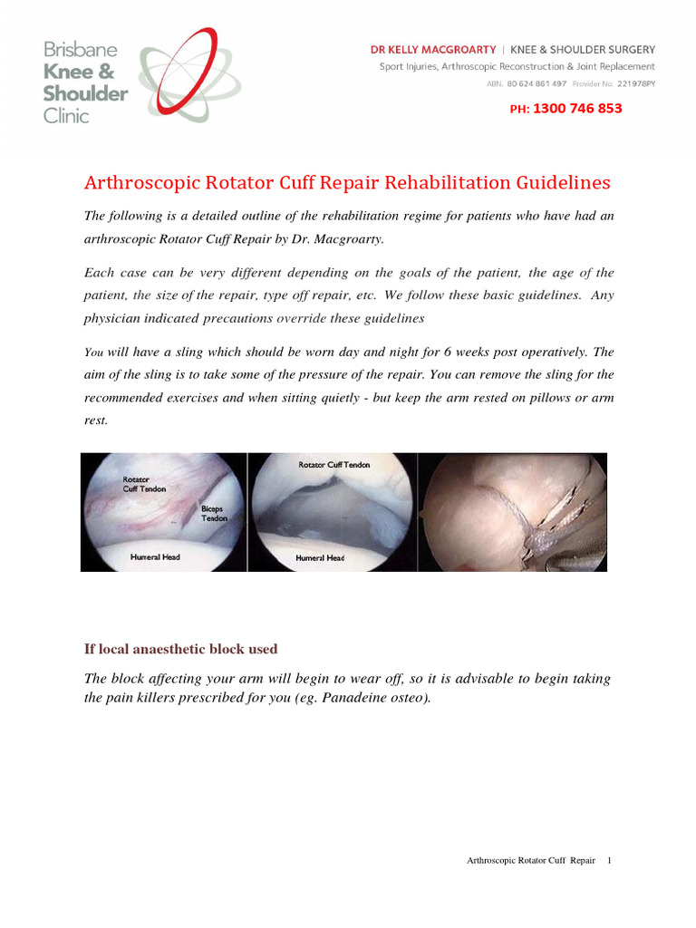 Arthroscopic Rotator Cuff Repair Rehabilitation Guidelines: 12-16 Hours Post Op | PDF ...