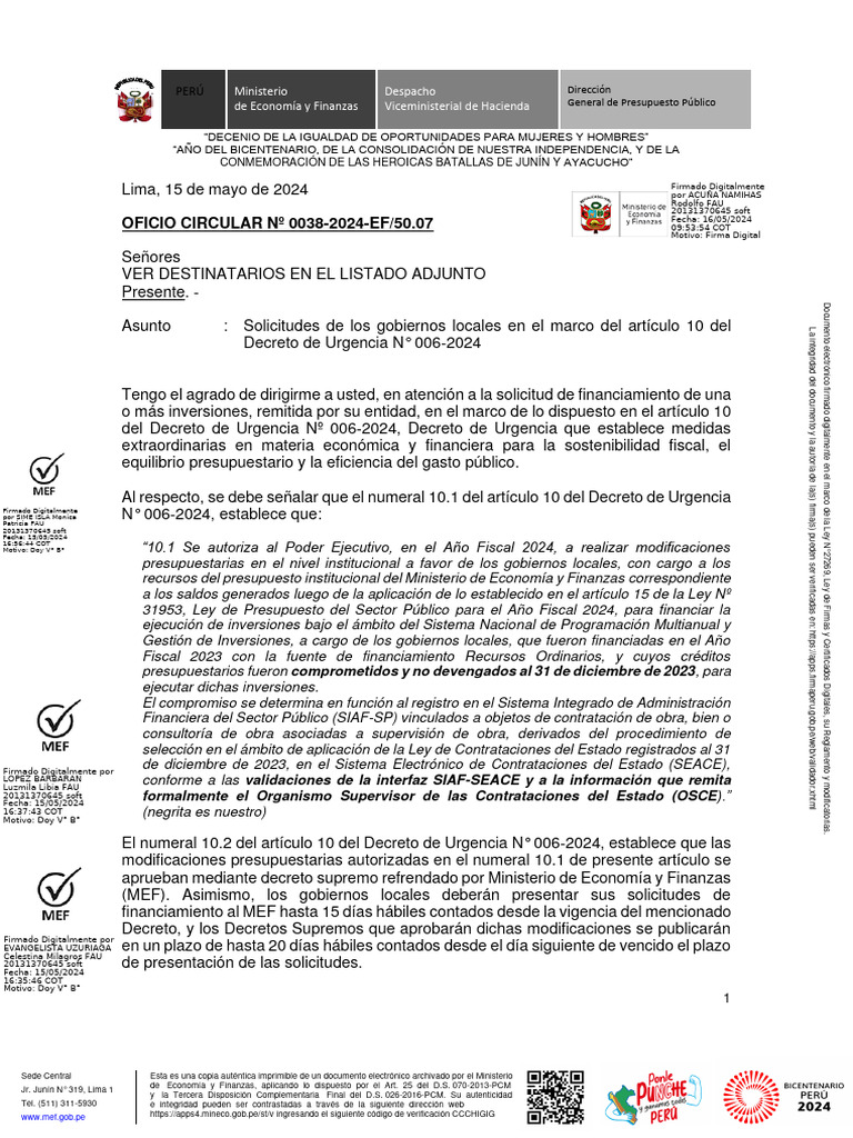 HR 093796 2024 Oficio Circular N 0038 2024 Ef 50 07 | PDF | Presupuesto | Presupuesto del gobierno