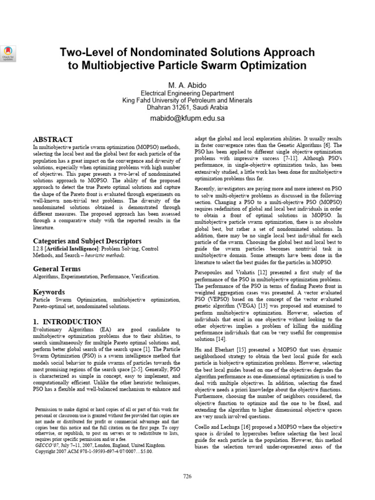 2007 - Two-Level of Nondominated Solutions Approach To Multiobjective Particle Swarm ...