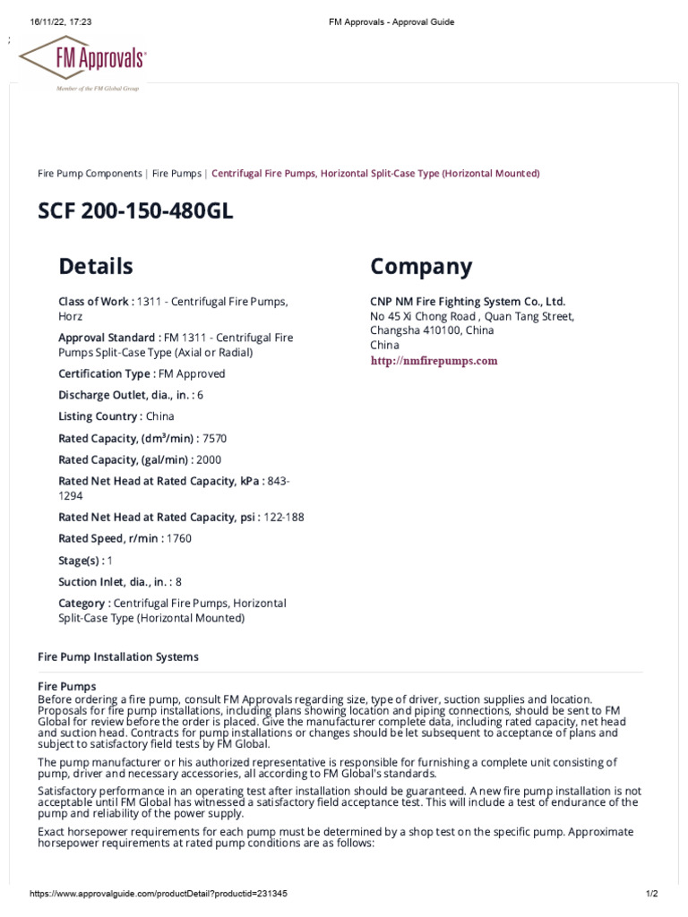 CNP NM Fire SCF 200-150-480GL FM Approvals - Approval Guide | PDF ...