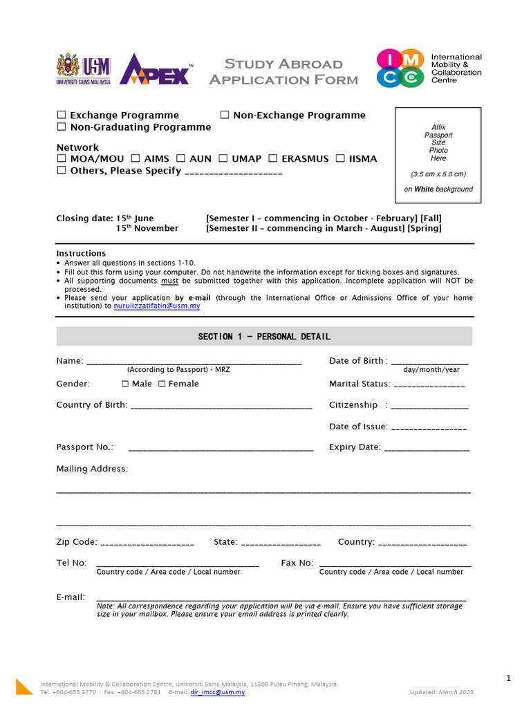 USM Study Abroad Application Form | PDF | International English ...