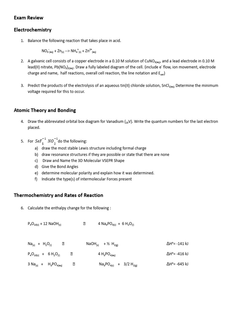 Electrochemistry and Thermochemistry Exam Review | PDF | Chemical Bond ...