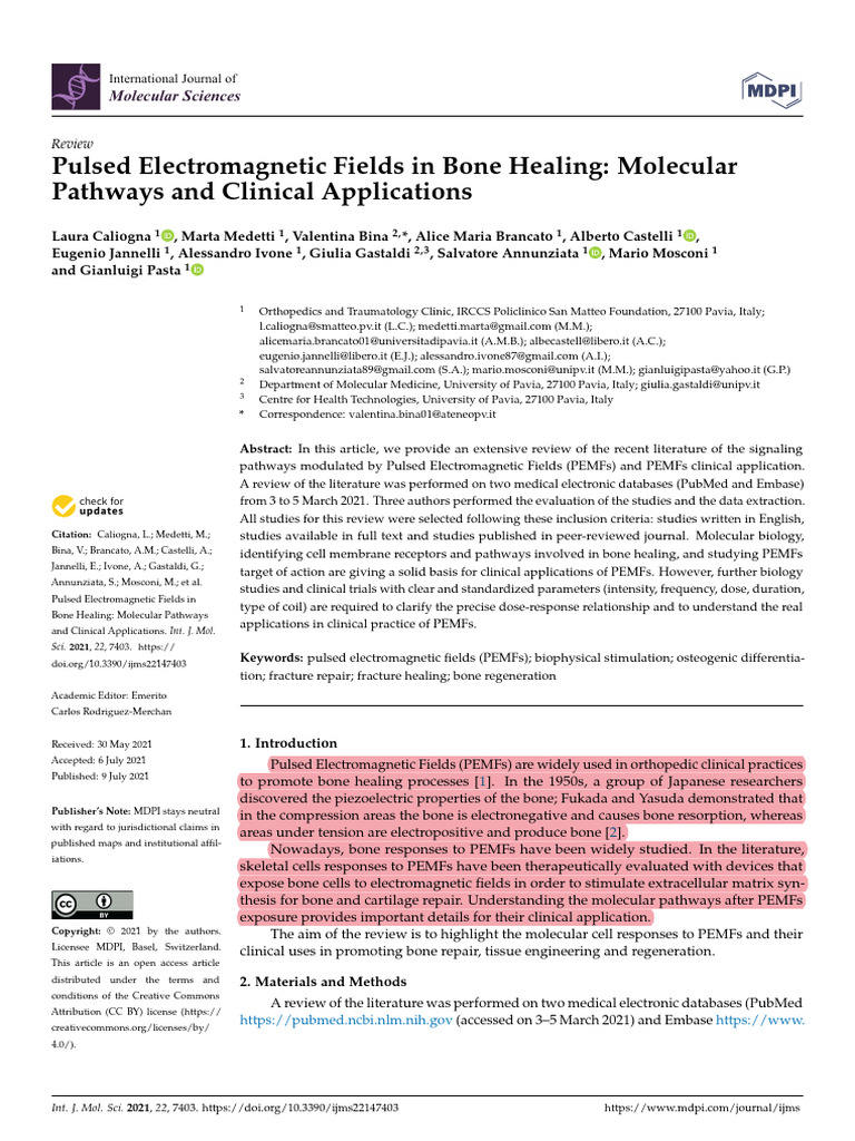 CALIOGNA 2021 - Pulsed Electromagnetic Fields in Bone Healing - Molecular Pathways and Clinical ...