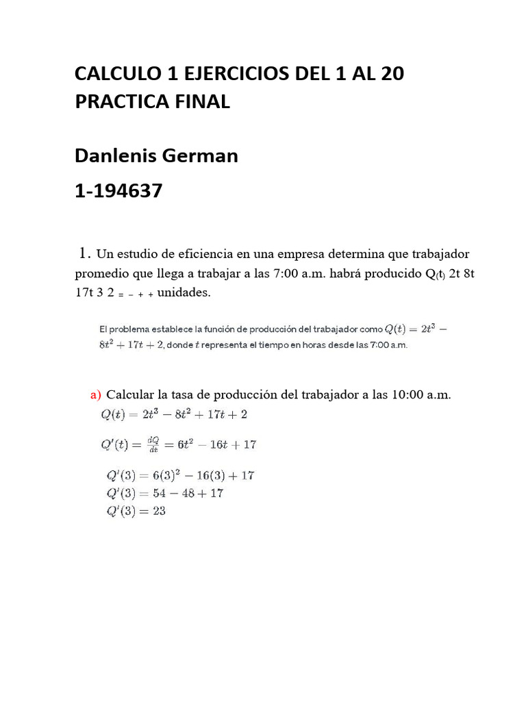 Calculo 1 Ejercicios Del 1 Al 20 Practica Final | PDF