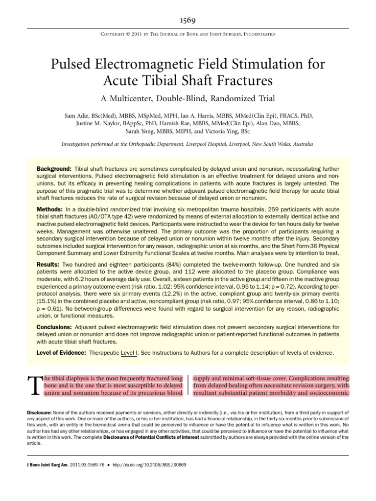 ADIE 2011 - Pulsed Electromagnetic Field Stimulation For Acute Tibial Shaft Fractures | PDF ...