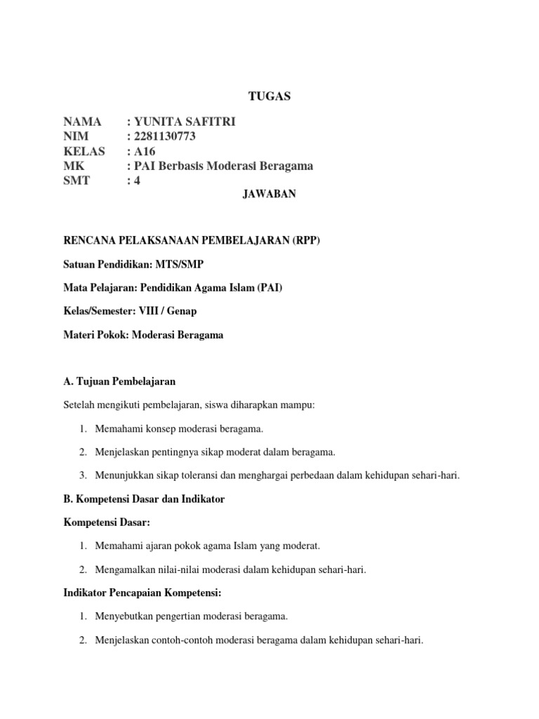 Tugas RPP Mts SMP Moderasi Beragama Pai - Compressed | PDF