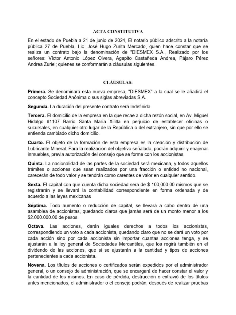 Acta Constitutiva Diesmex | PDF | Compartir (Finanzas) | Liquidación