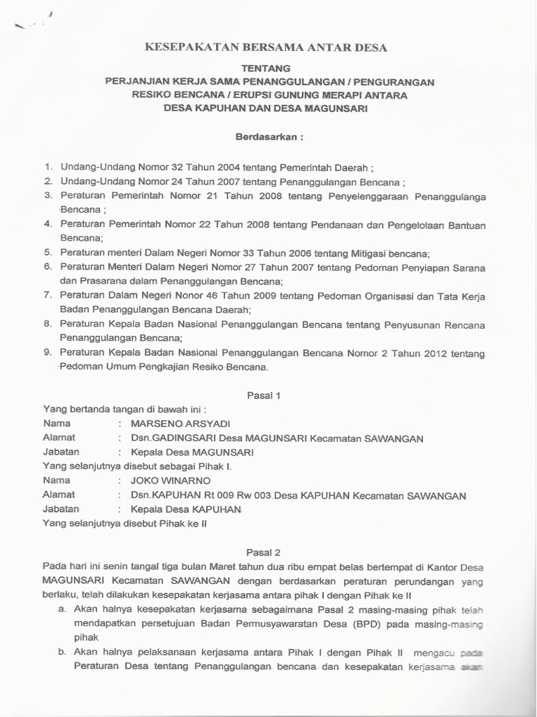 Mou Desa Kapuhan SW Dengan Desa Mangunsari SW | PDF