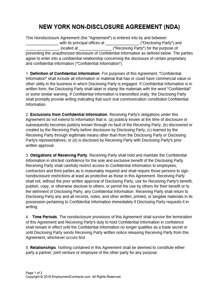 New York NDA Agreement Template | PDF | Non Disclosure Agreement ...