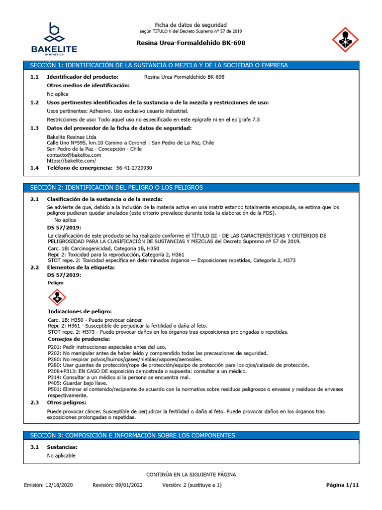 Hoja de Seguridad (HDS) Resina Urea-Formaldehído BK-698 | PDF ...