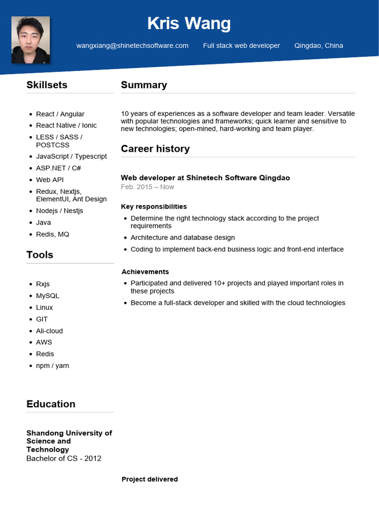 Shinetech CV - Senior Software Engineer - Kris Wang | PDF | Mobile App | Computing