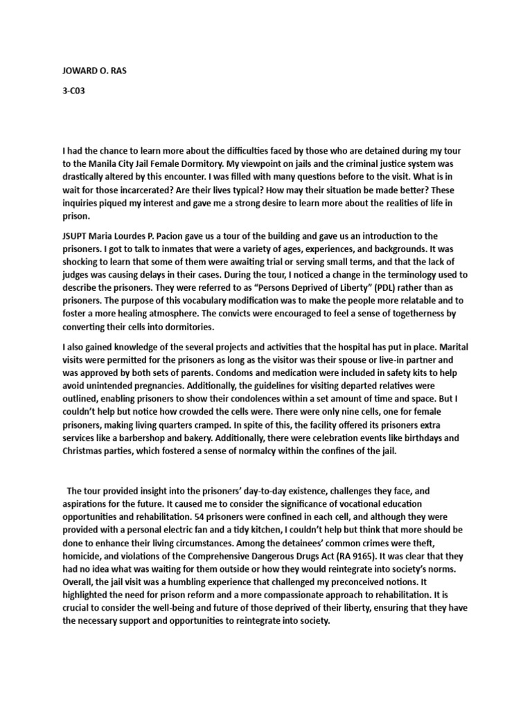 Reflection Paper About Jail Tour | PDF | Prison | Rehabilitation (Penology)