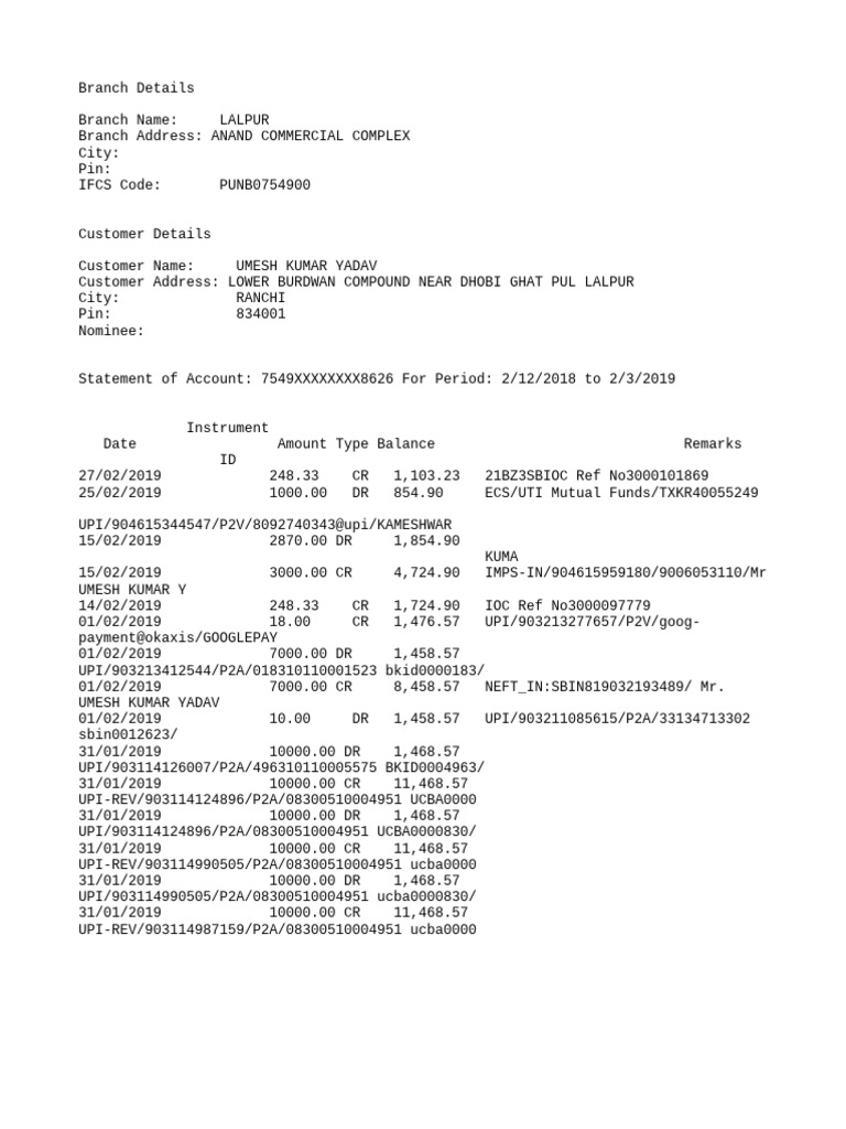 Account Statement for Umesh Kumar | PDF | Banks | Cheque