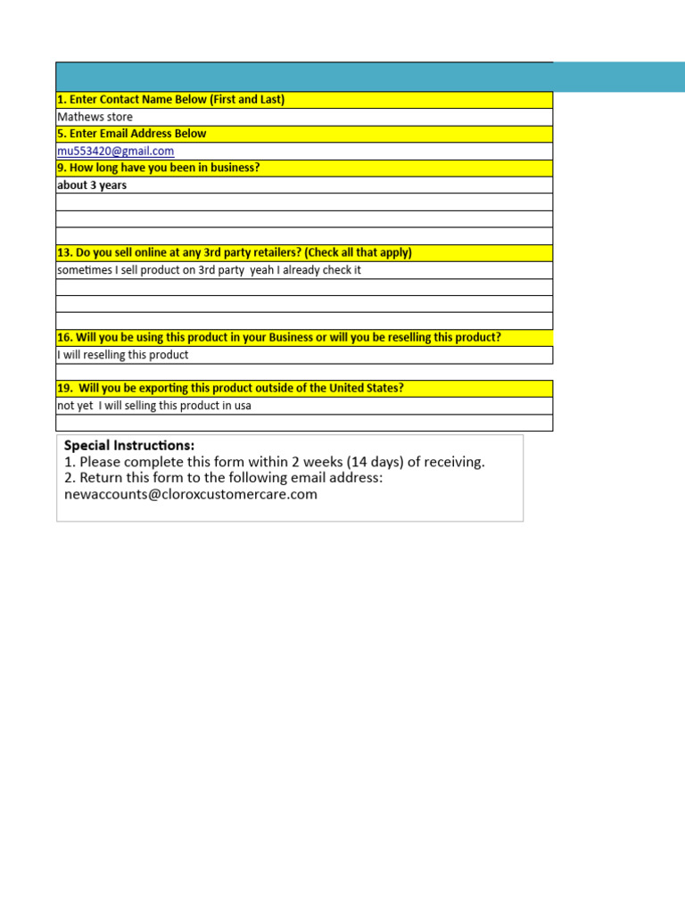 Clorox New Customer Inquiry Form | PDF