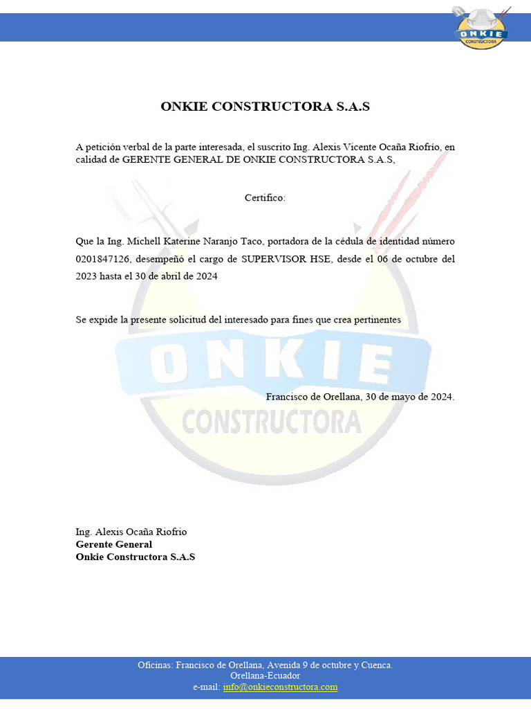 Certificado Laboral Onkie Constructora S | PDF