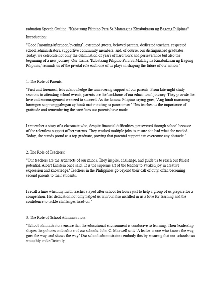 Graduation Speech: Kabataang Pilipino | PDF | Teachers | Leadership