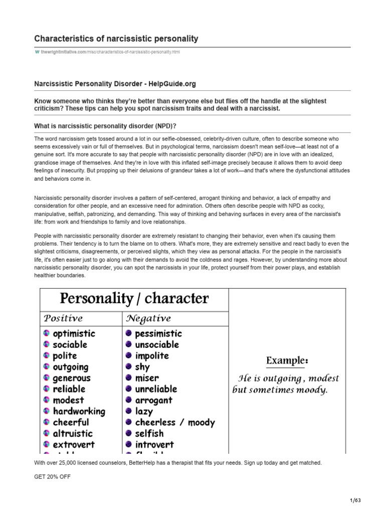Characteristics of Narcissistic Personality | PDF | Narcissism | Mental ...