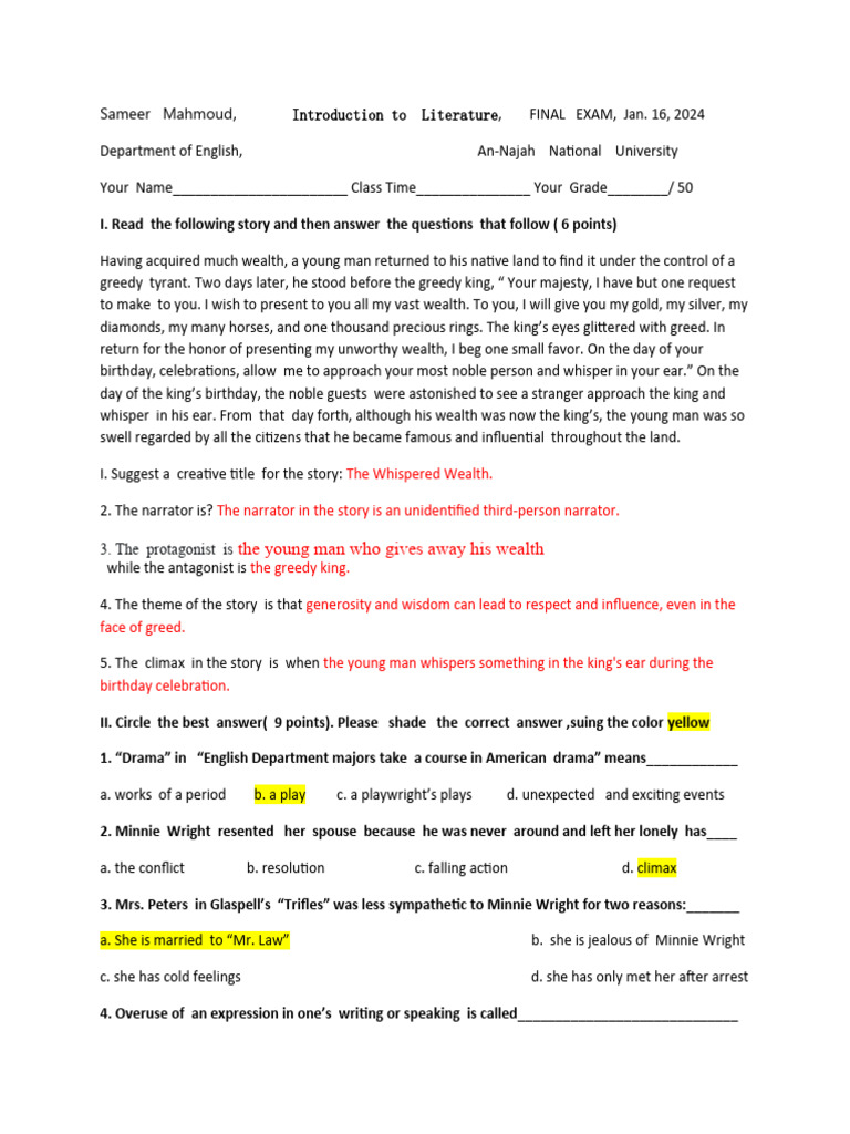 Introduction To Literature Final Exam Part I Multiple Choice) Jan 26 J ...