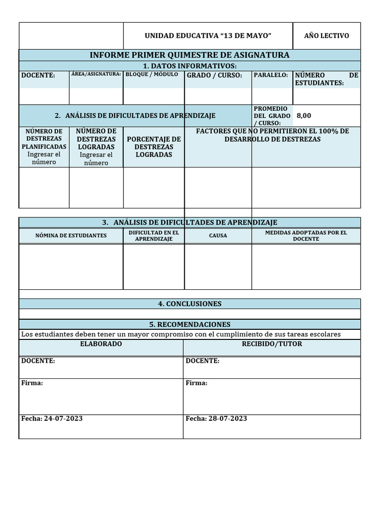 Informe de Asignatura Del Docente (1 Trimestre) | PDF