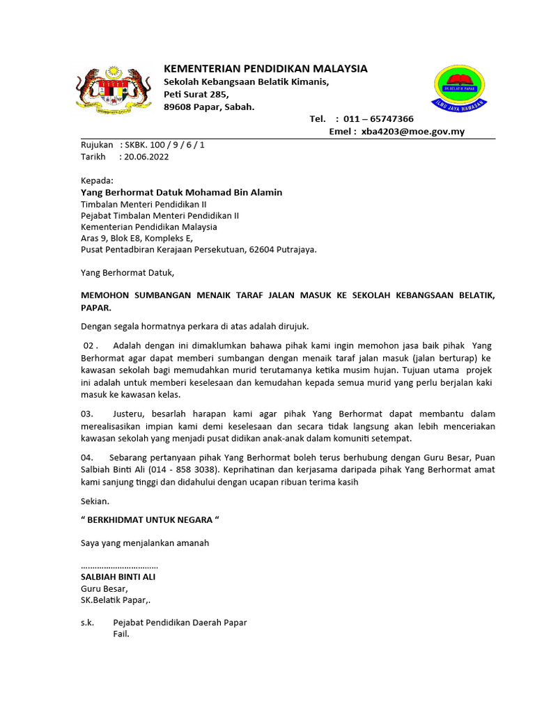 Surat Mohon Sumbangan YB 2024 | PDF