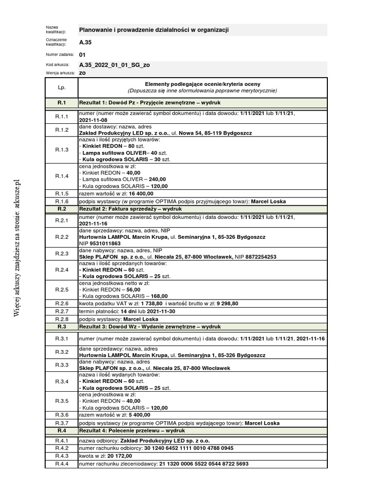 A35 2022 Styczen Egzamin Zawodowy Praktyczny Zasady Oceniania | PDF