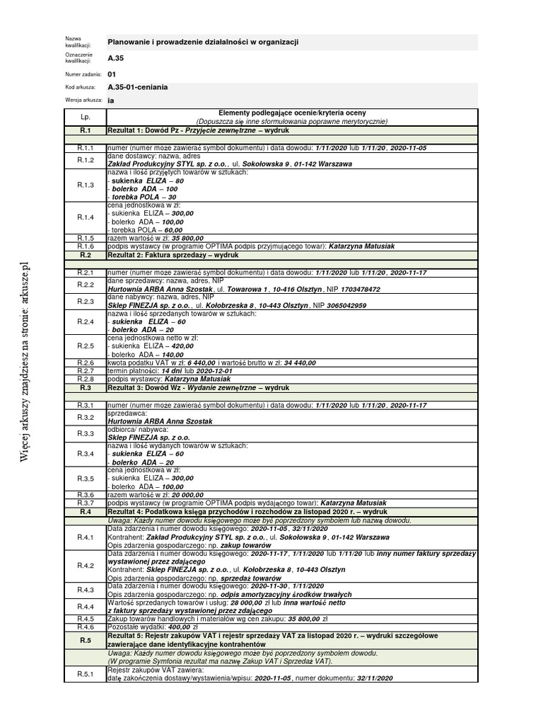 A35 2021 Styczen Egzamin Zawodowy Praktyczny Zasady Oceniania | PDF