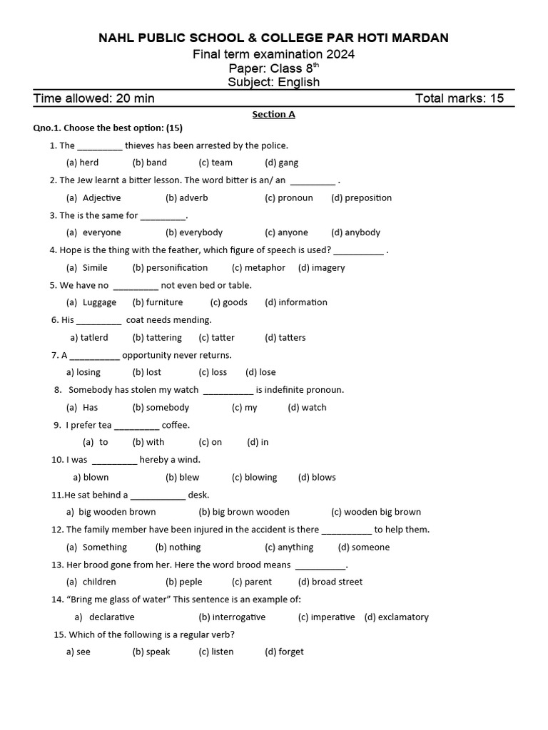 8th Eng Final Term 2024 | PDF | Linguistic Typology | Languages